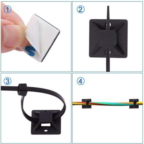 Lot de 100 supports adhésifs pour serre-câbles, 25 mm x 25 mm, noirs ...