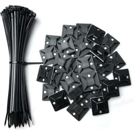 Lot de 100 supports adhésifs pour serre-câbles, 20 mm x 20 mm, noirs ...