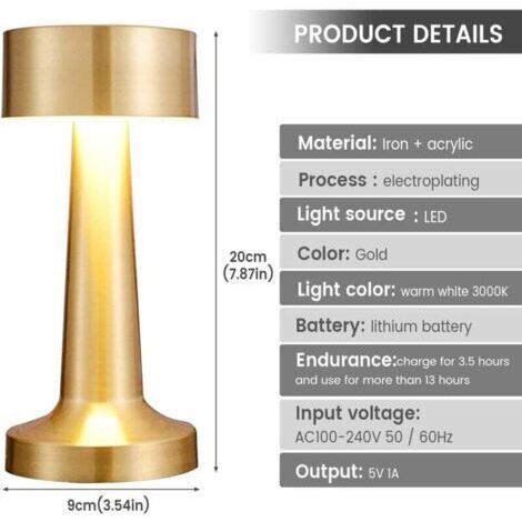 Lampe de chevet tactile sans fil LED, lampe de table usb rechargeable ...