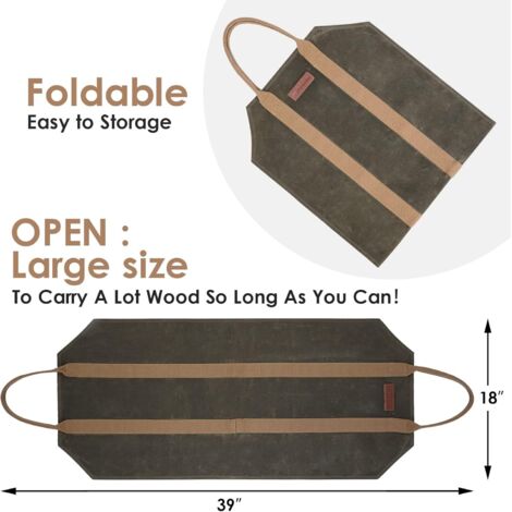 Heavy Duty Oilcloth Firewood Log Carrier Bag with Reinforced Straps Green