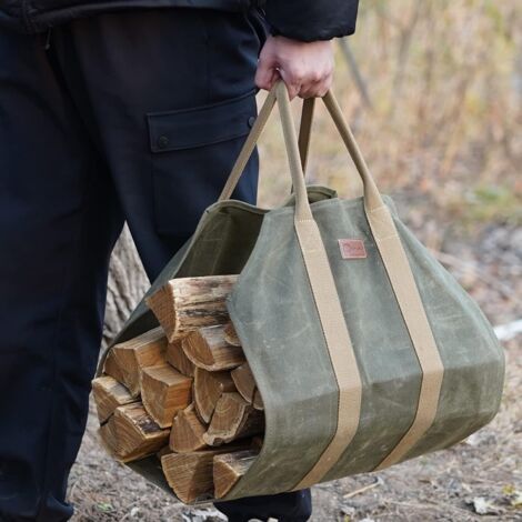 Heavy Duty Oilcloth Firewood Log Carrier Bag with Reinforced Straps Green