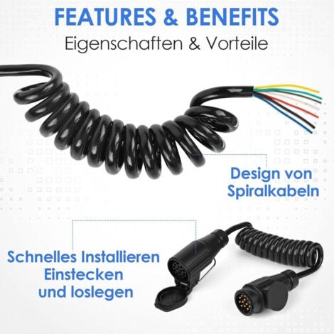 Câble Remorque 13 Broches Spiralé 2m, Rallonge Spiralée Étanche 12V/24V ...