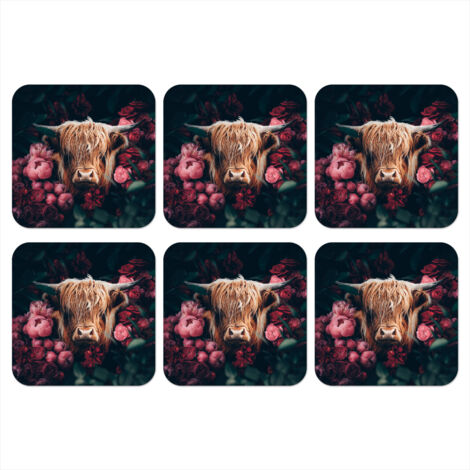 POSAVASOS Vaca - Highlander escocés - Flores - Botánico Set de 6 10x10