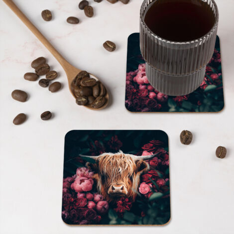 POSAVASOS Vaca - Highlander escocés - Flores - Botánico Set de 6 10x10