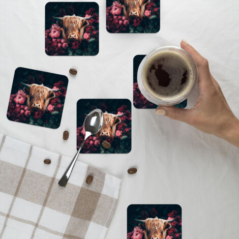 POSAVASOS Vaca - Highlander escocés - Flores - Botánico Set de 6 10x10