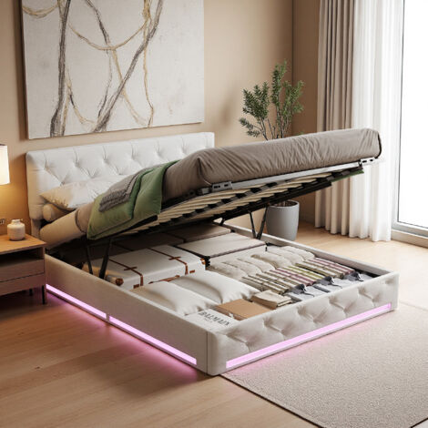 Cama 140x200 cm - tejido de lino - LED - Diseño moderno - somier - cama ...
