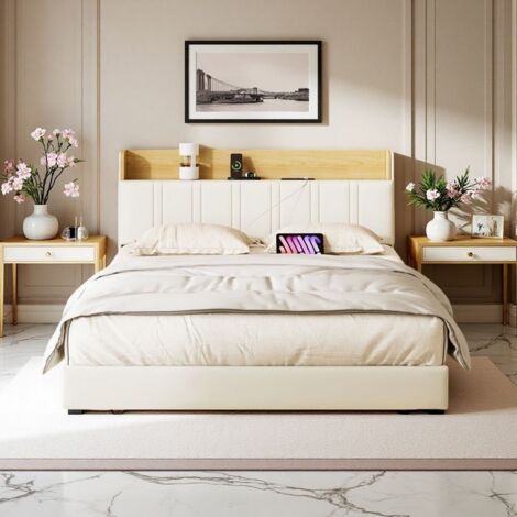 Letto Doppio Sospeso 140x200cm - Similpelle Bianca e Legno Chiaro - LED ...