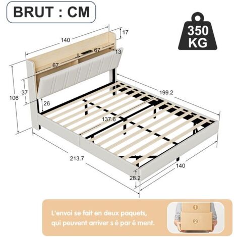 Letto Doppio Sospeso 140x200cm - Pelle Bianca e Legno Chiaro - LED RGB ...