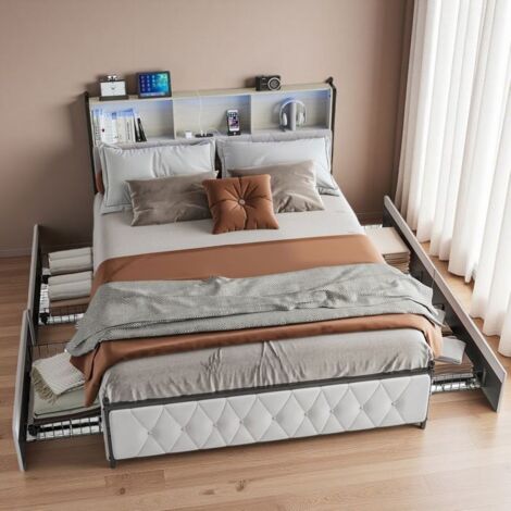 Letto Doppio 140x200 - Velluto Beige - 4 Cassetti - USB/Type-C - LED RGB