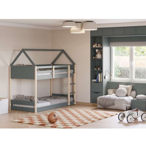 Litera juvenil Moira-Casita acabado verde kaki/natural, (Largo 197.4 x ...