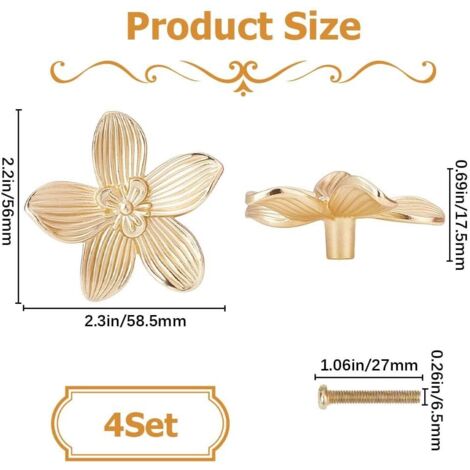 4 boutons tiroir fleur dorée alliage zinc avec vis pour cuisine et salon
