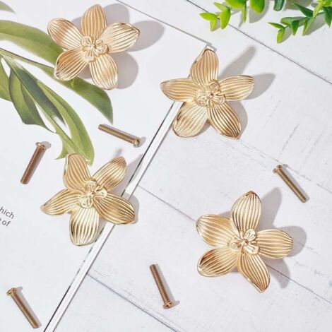 4 boutons tiroir fleur dorée alliage zinc avec vis pour cuisine et salon