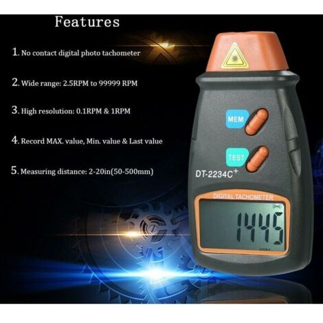 Tacómetro láser digital de bolsillo, sin contacto, rango de 2,5 a 99 ...