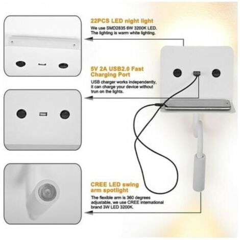Applique murale LED Slange 3 W + lampe de lecture avec port USB - Noir