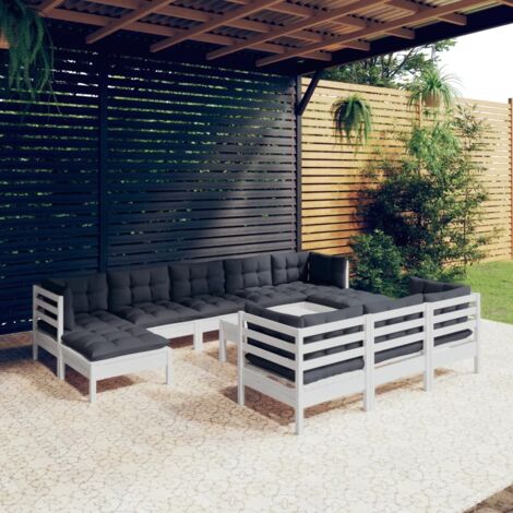 Salon de jardin 11 pcs avec coussins blanc bois de pin solide, Blanc ...