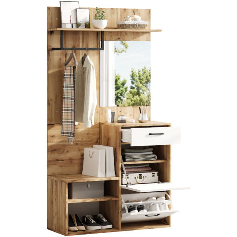 Garderobe D’entrée Avec Miroir Et Banc à Chaussures, Blanc Et Bois ...