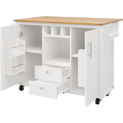 Îlot De Cuisine Multifonction Avec Table Pliante, Rangements, Roulettes ...