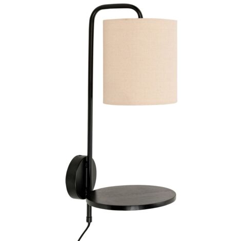Ryan Natural Linen Lamp Shade Black Metal Wall with Wooden Shelf and ...
