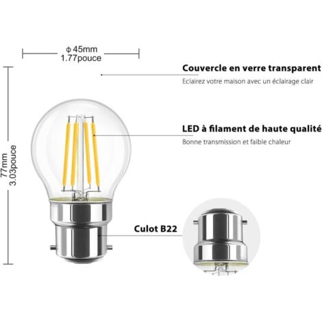 6W Ampoule LED Filament à Bayonnate G45 B22, 2700K Blanc Chaud, 806Lm ...
