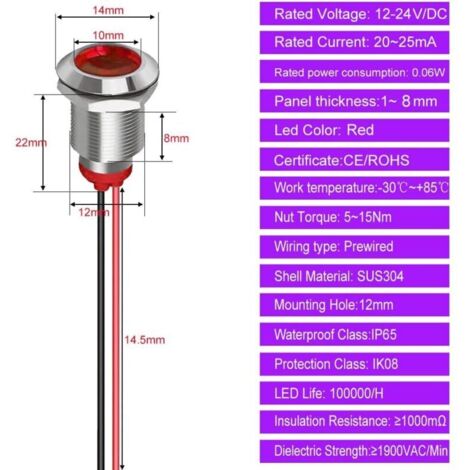 5pcs 12mm 12/24VDC LED Métal Indicateur - Lumière éTanche Signal Lampe ...
