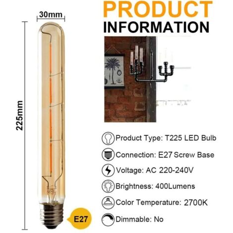 Lot de 5 Ampoules T225 Long Tube, Filament LED Edison, 6W Culot E27 ...