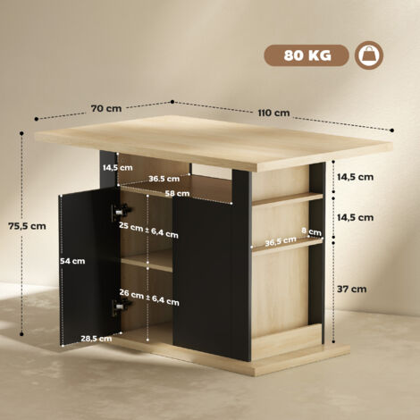 Table îlot central de cuisine noir 110x70 cm avec placard 4 portes ...
