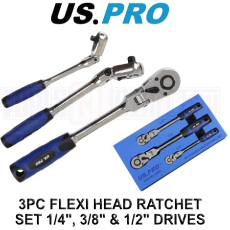 US PRO RATCHET SET 3PC REVERSIBLE FLEXIBLE HEAD 1/4"" 1/2"" 3/8"" 4209