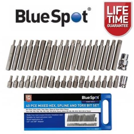 Bluespot Hex Torx & Mixed Spline Bit Set 40pc 1/2 3/8 In Case T20-T55 01517