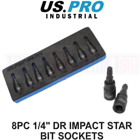 US PRO Torx Impact Socket Bit Set 8pc 1/4"" Drive Star Keys T6-T30 Foam Tray 7519