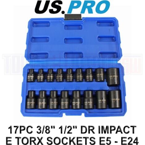 US PRO E TORX IMPACT SOCKET SET 17pc E5 - E24 3/8"" 1/2"" STAR SOCKETS ...