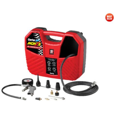 CLARKE PORTABLE AIR COMPRESSOR OIL FREE 1100W TYRE INFLATOR MONZA 8 BAR ...