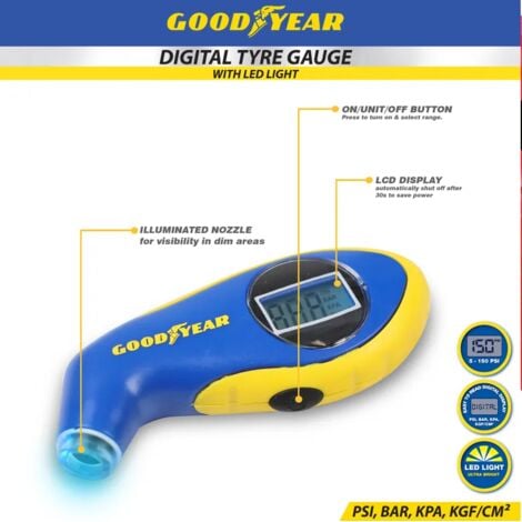 Goodyear Digital Tyre Pressure Gauge + LED Light 150PSI PSI BAR KPA KGF 900034