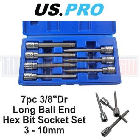 US PRO 7pc 3/8"Dr Long Ball End Hex Bit Socket Set 3 - 10mm Allen Key 1499