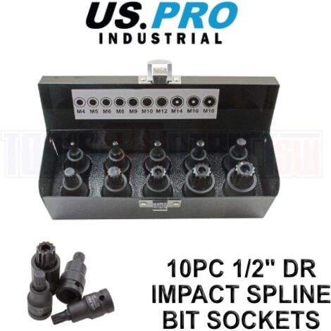 US PRO Impact Spline Bit Sockets Set 10pc 1/2"" Drive In Case M4 - M18 3435