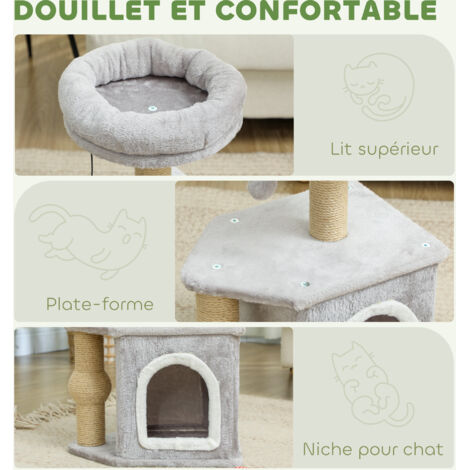 Arbre à chat avec griffoir, panier et niche, 42 x 30 x 66 cm, gris clair