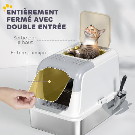 Bac à litière extra large en acier inoxydable, avec bac fermé, pelle ...