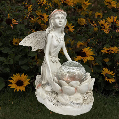 Statue de fée agenouillée en résine, boule de cristal, éclairage ...