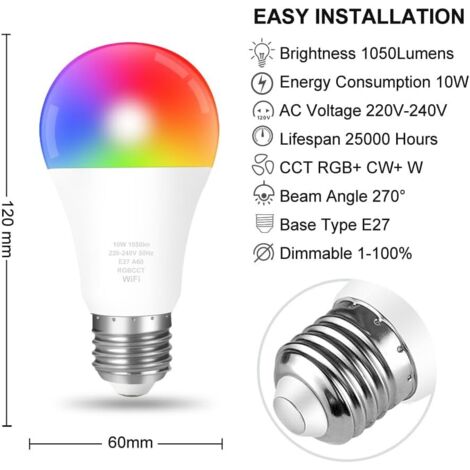 Intelligente WLAN-LED-Lampe E27, 10 W, Farbwechsellampe, App-Steuerung ...