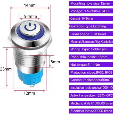 4pcs 12mm 3A 12-24V IP65 waterproof push button with LED indicator ...