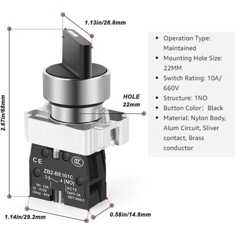 Rotary Selector Switch with Locking 1NO 2 Position SPST, 600V 10A ...