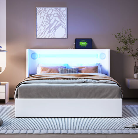 Lit double connecté 140x200 cm avec rangement coffre blanc design ...