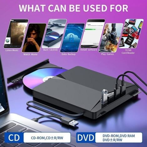 Lecteur et Graveur DVD/CD-ROM Externe USB 3.0 et Type-C avec Lecteur de ...