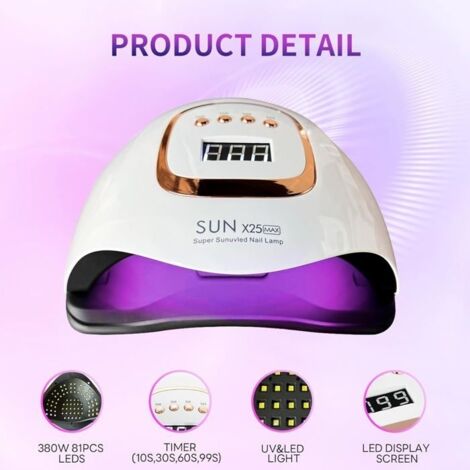 (Blanc)380W UV LED Nail Lamp,Sécheur de gel de vernis à ongles avec 81 ...