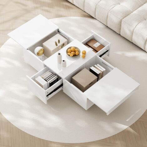 Table basse de salon extensible design blanc laqué brillant de 100cm ...