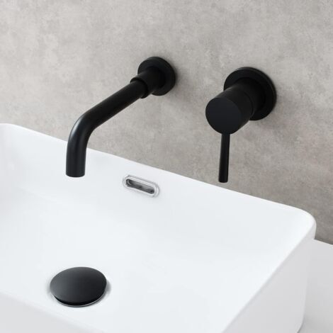 Matte Black 2-Hole Lavatory Faucet Wall Mounted Brass Hot and Cold ...