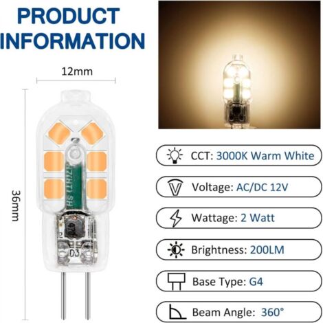 Ampoule G4 LED 12V 2W Blanc Chaud 3000K, 200lm, Équivalent Lampe ...
