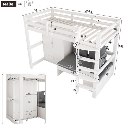 Hochbett Kinder Einzelbett 90x200 cm - Mit Kleiderschrank - Sofa ...