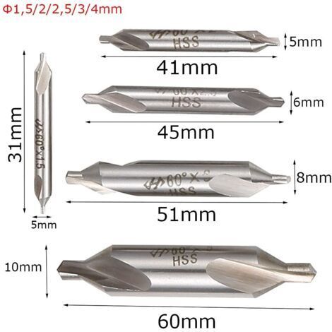 5 Stück Zentrierbohrer-Set, 60-Grad-Metall-Zentrierbohrer-Set ...