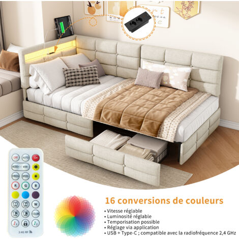 Canapé Lit Rembourré 90x200 cm avec LED et port USB Tpye-C, Lit simple ...