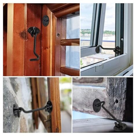 (Black) Set of 4 Sliding Door Locks, 10cm Long Cabin Hook, Stainless ...